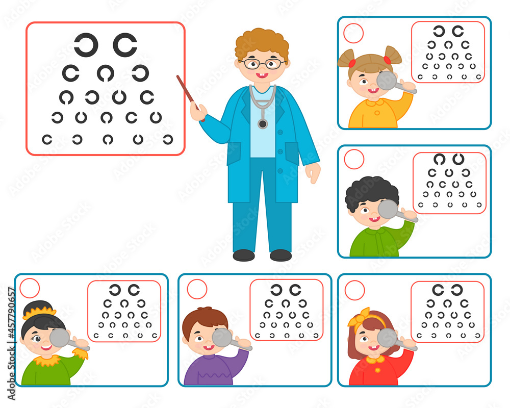 Game for kids. Doctor oculist pointing at children eyesight test chart ...