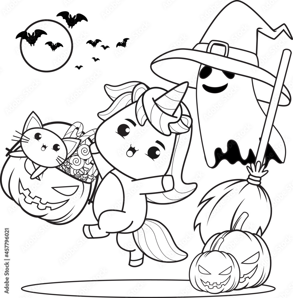Halloween coloring book with cute unicorn Stock Vector | Adobe Stock