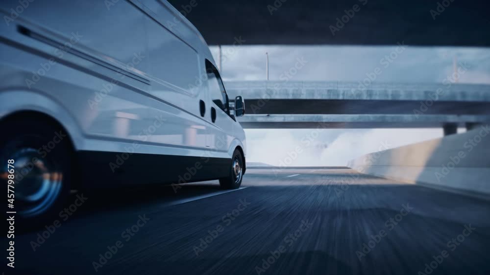 3d generic white delivery van on highway. Very fast driving. Delivery ...