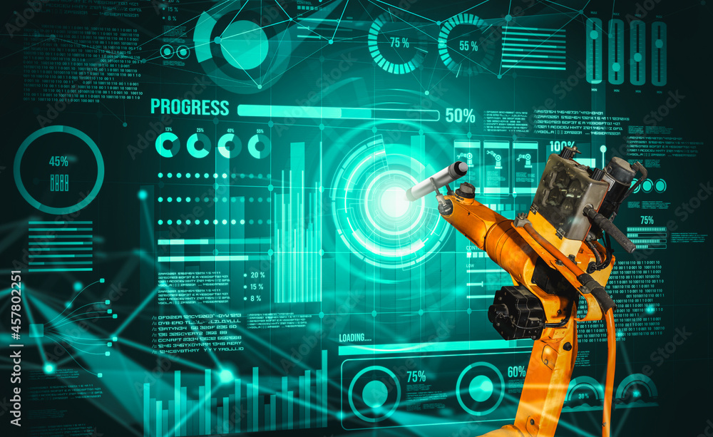 Robot arm AI analyzing mathematics for mechanized industry problem ...