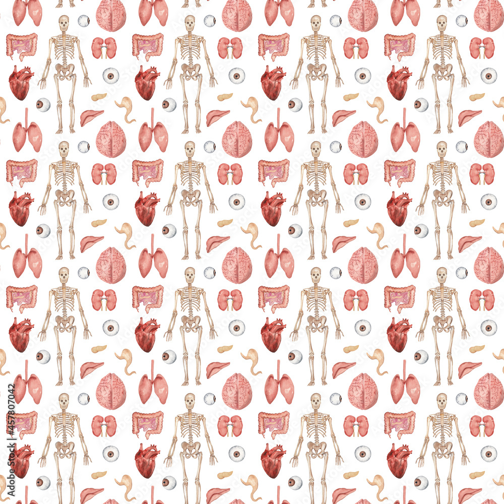 Watercolor seamless skeleton pattern Halloween realistic anatomy ...