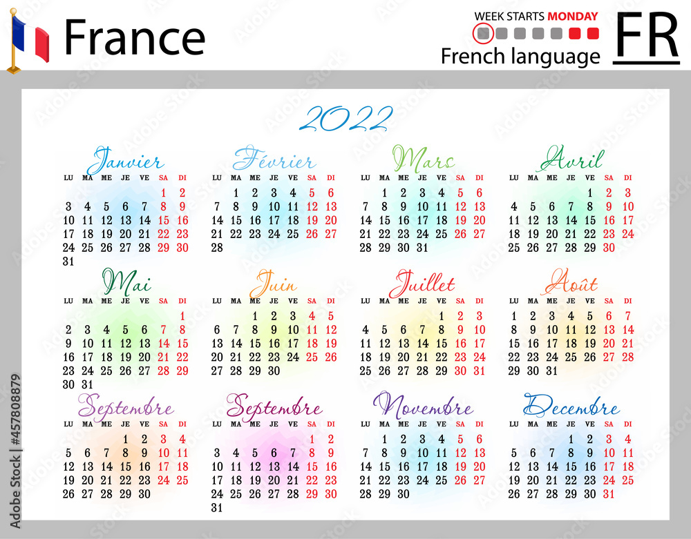 French horizontal pocket calendar for 2022. Week starts Monday Stock ...