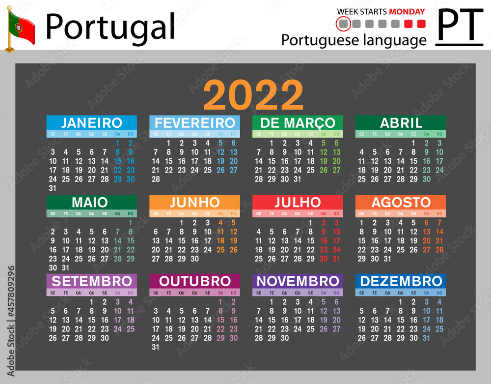 Portuguese horizontal pocket calendar for 2022. Week starts Monday ...