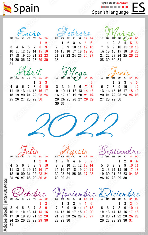 Spanish vertical pocket calendar for 2022. Week starts Monday Stock ...