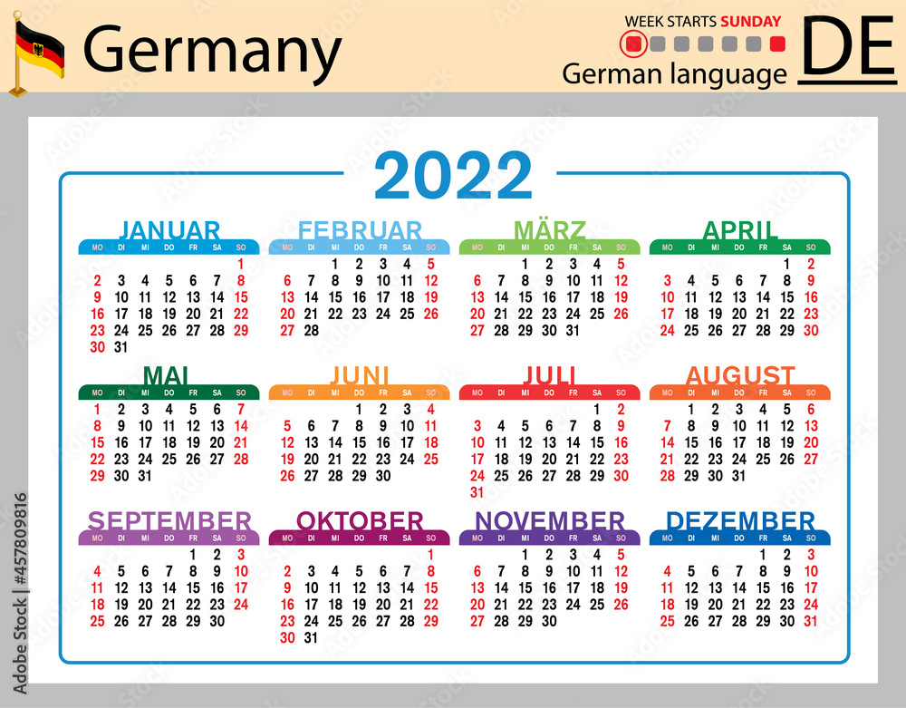 German horizontal pocket calendar for 2022. Week starts Sunday Stock ...