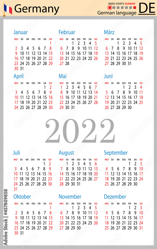 German vertical pocket calendar for 2022. Week starts Sunday Stock ...