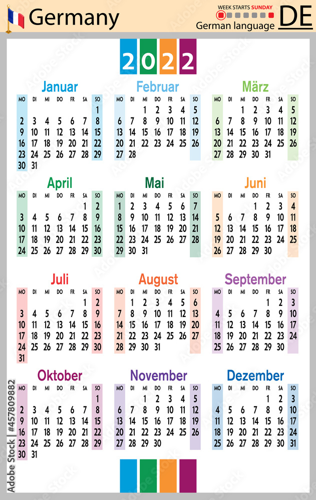 German vertical pocket calendar for 2022. Week starts Sunday Stock ...