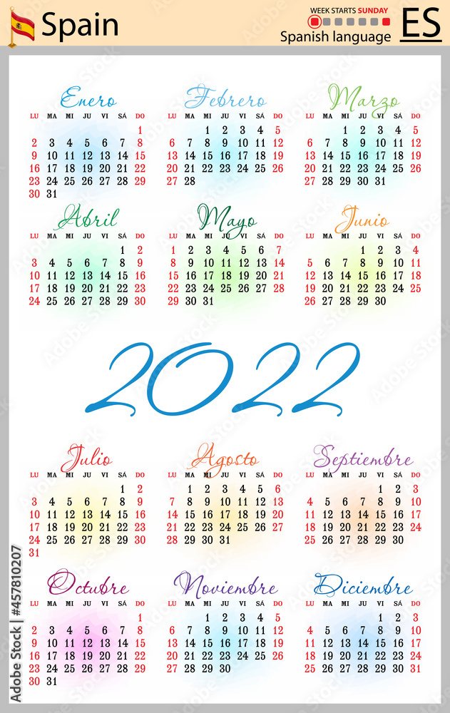 Spanish vertical pocket calendar for 2022. Week starts Sunday Stock ...
