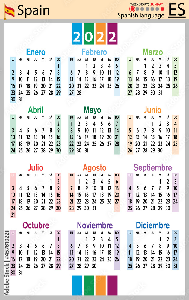 Spanish vertical pocket calendar for 2022. Week starts Sunday Stock ...