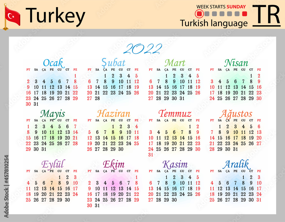 Turkish horizontal pocket calendar for 2022. Week starts Sunday Stock ...