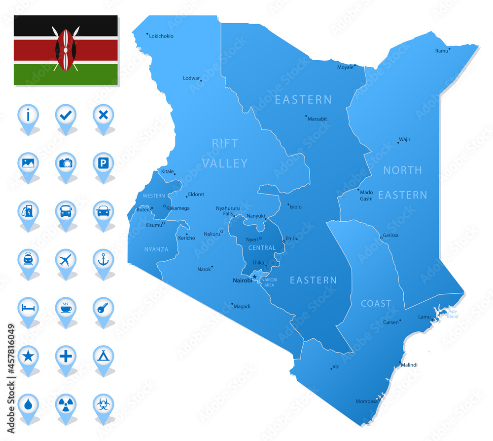 Blue map of Kenya administrative divisions with travel infographic ...
