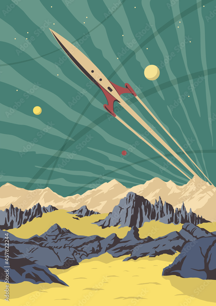 Space Rocket flies over the Surface of the Planet, Retro Future Style ...