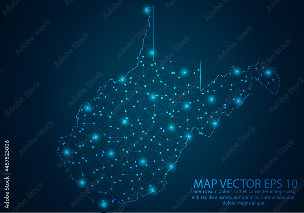 Abstract mash line and point scales on dark background with map of West ...