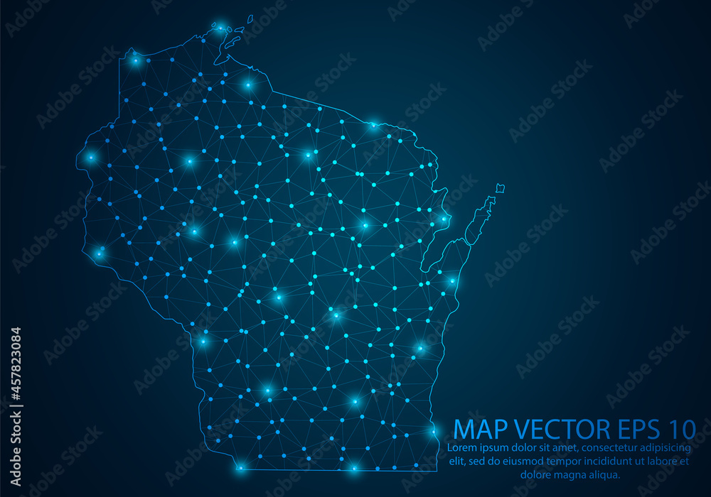 Abstract mash line and point scales on dark background with map of ...