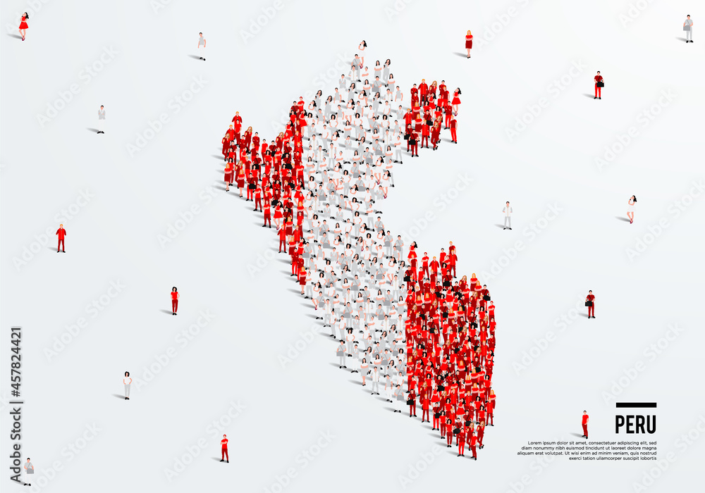 Peru Map and Flag. A large group of people in the Peru flag color form ...