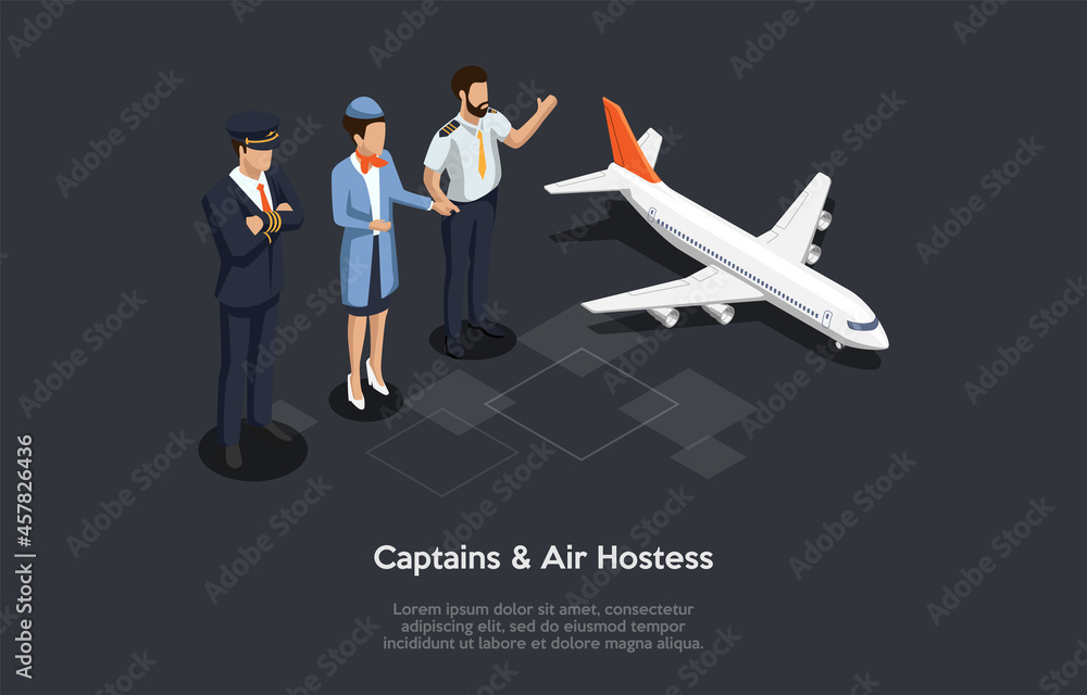 Isometric Illustration In Cartoon 3D Style. Vector Composition On Dark ...
