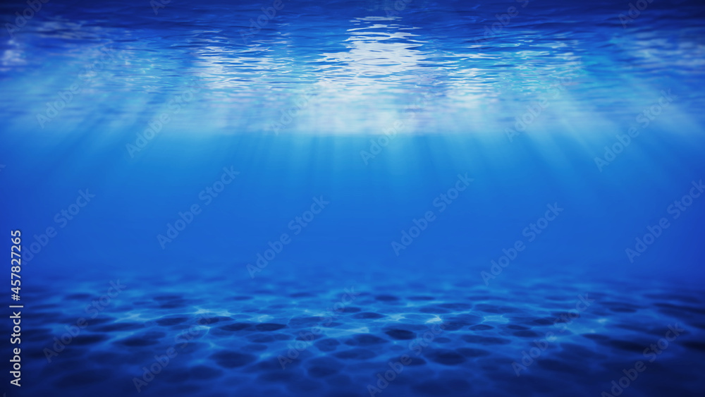 Underwater Blue Ocean with caustic and light rays - Sea bottom ...