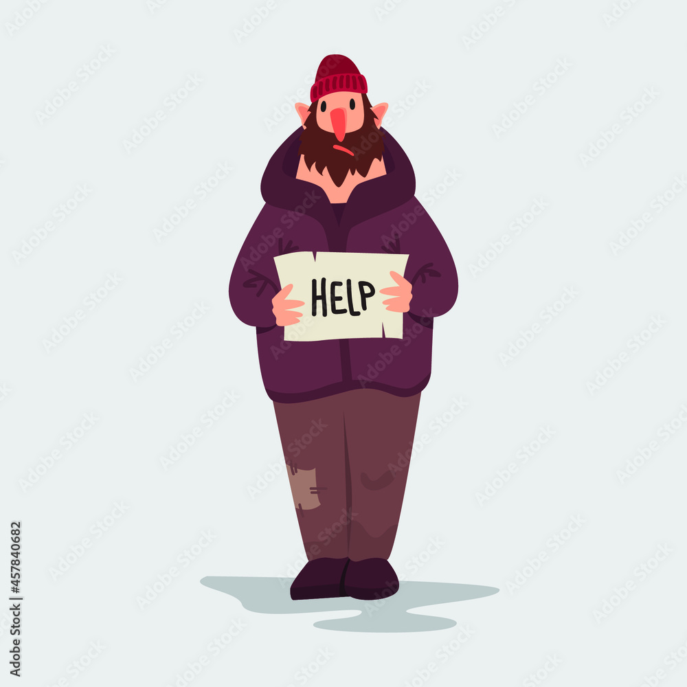 Homeless man with a HELP sign. Character vector illustration isolated ...