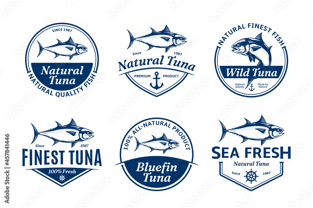 Vector tuna logo and tuna fish illustrations for fisheries, seafood ...