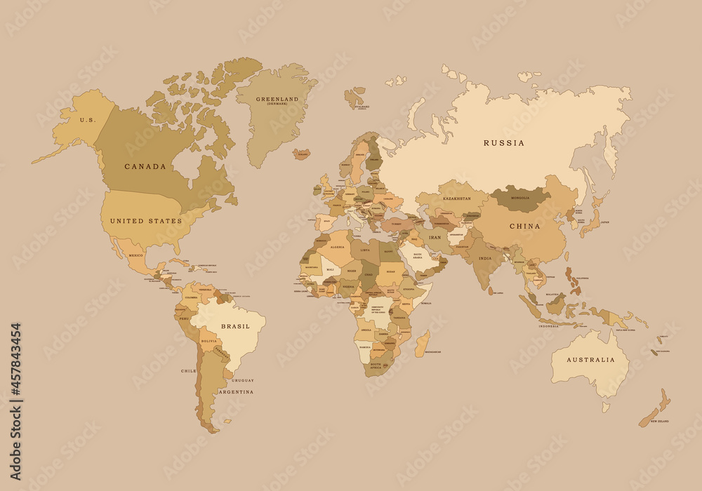 Colorful handdrawn world map with country names. Different colors ...