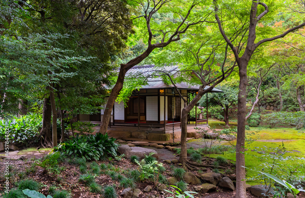 Traditional Irimoya architecture of the Japanese chashitsu teahouse in ...
