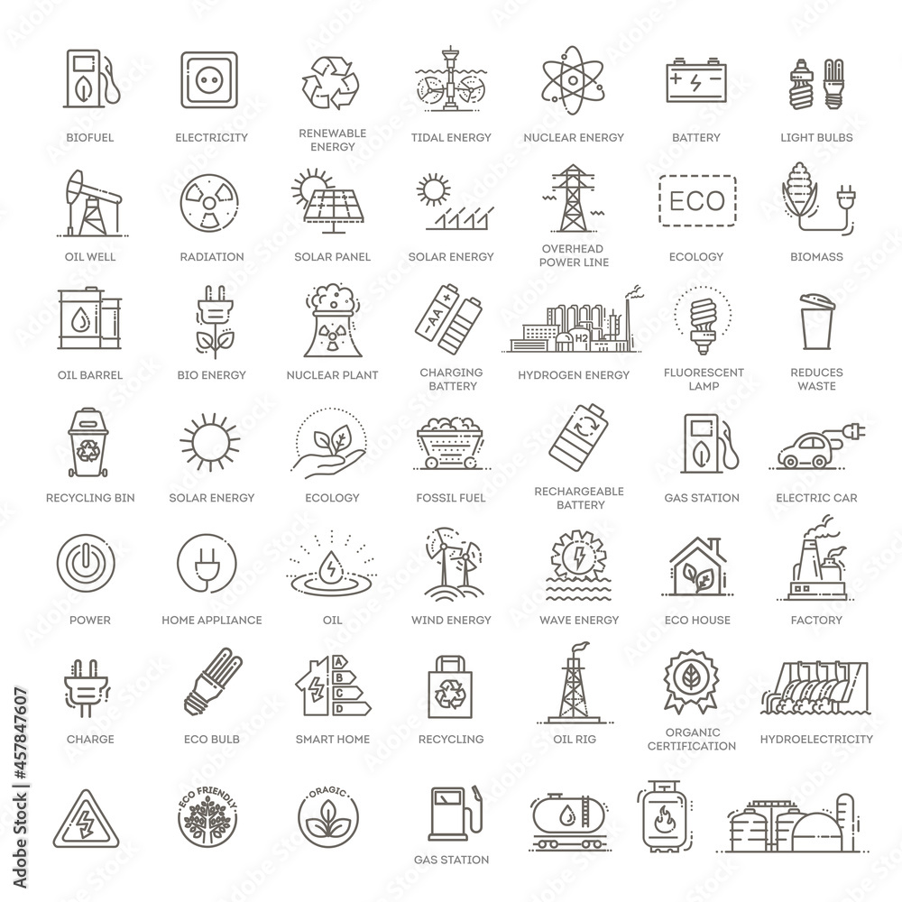 Collection of linear style vector icons on the theme of electric power ...