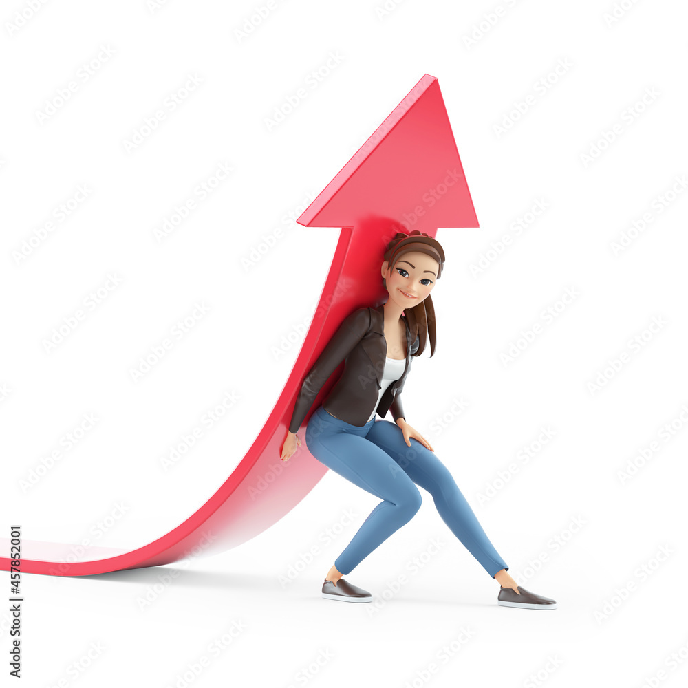 3d cartoon woman lifting up red arrow Stock Illustration | Adobe Stock