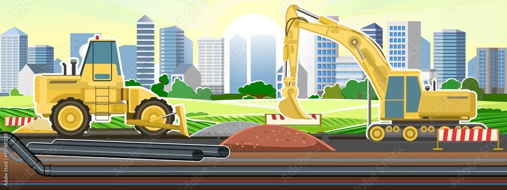 Industrial pipeline laying. Construction of new quarters. Modern city ...