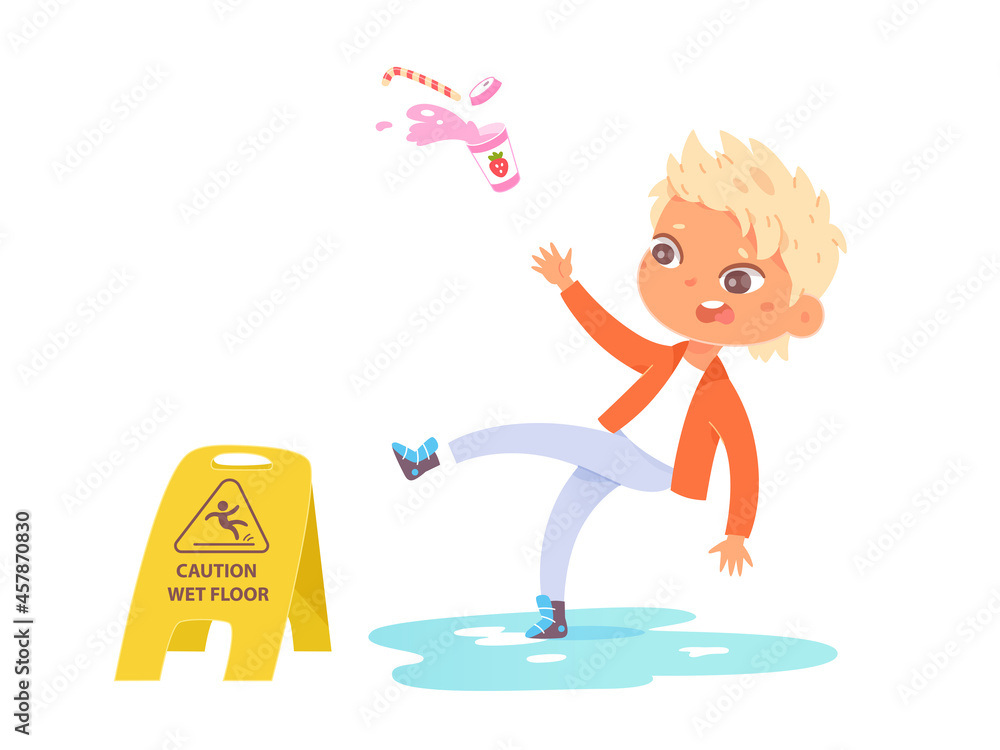 Boy slipping on clean slippery floor vector illustration. Cartoon ...