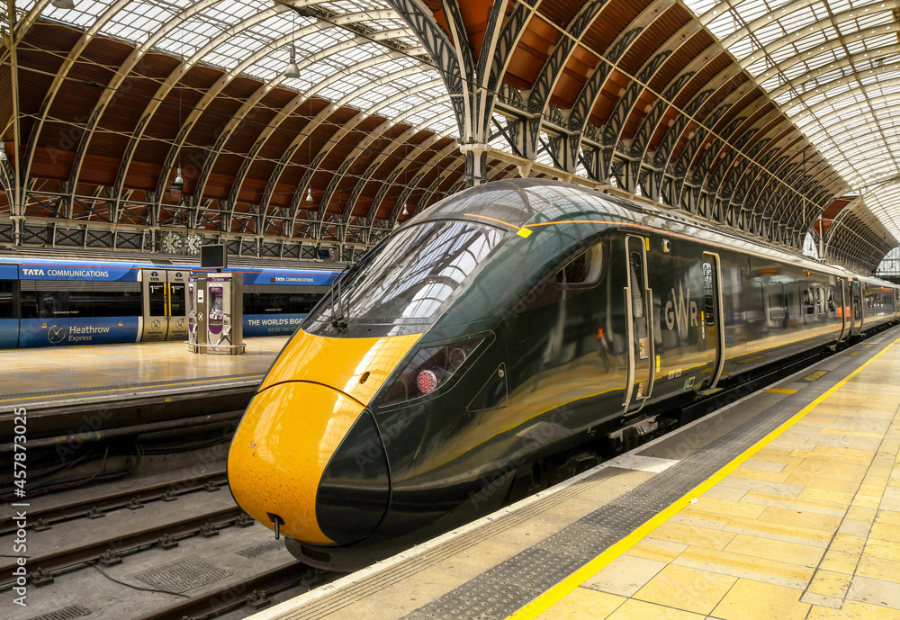 London, England - June 2018: High speed train at London Paddington railway station. The train ...