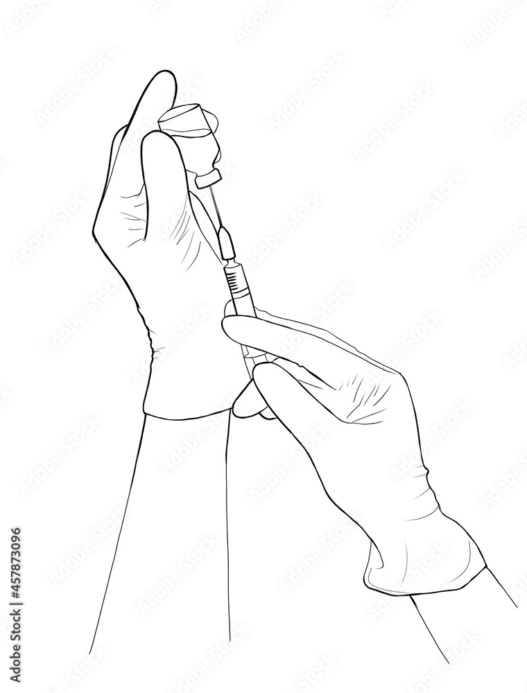 Hand with injection syringe. Sketch in engraving technique of doctor ...