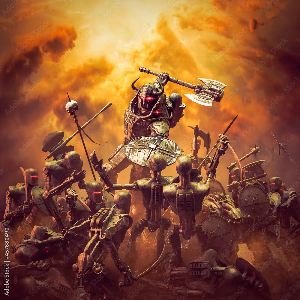 Futuristic viking in battle - 3D illustration of science fiction robot ...