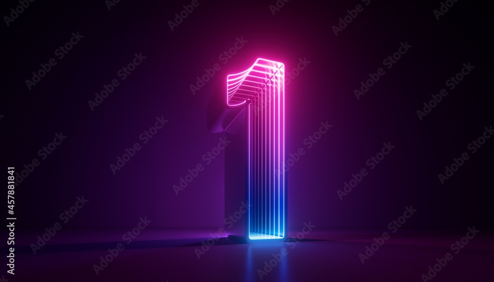 3d render, number one, the best digital symbol, pink blue gradient neon ...