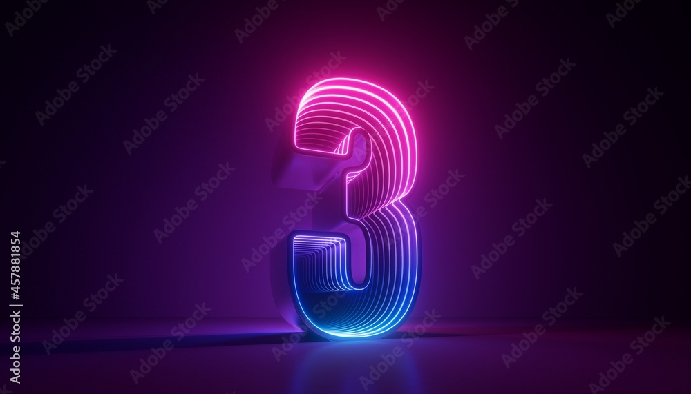 3d render, number three, digital symbol, pink blue gradient neon light ...