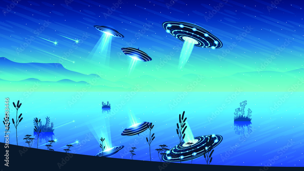 Abstract Aliens On Flying Saucers Mountains Reflect Water Bushes ...