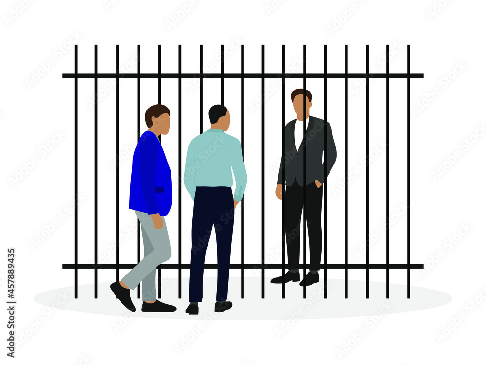 One male character in business attire stands behind an iron fence and ...
