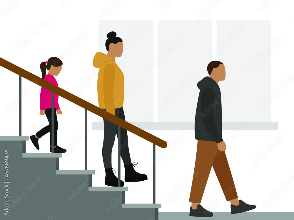 Male character, female character and little girl going down the stairs ...