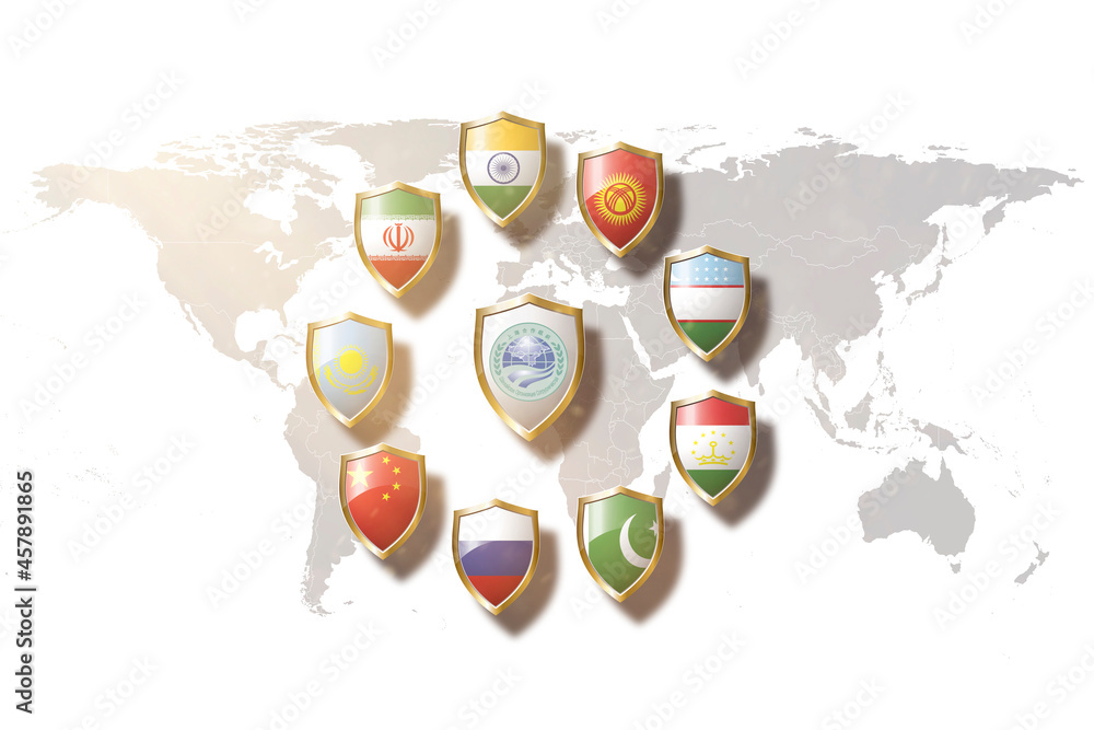 Shanghai Cooperation Organization (SCO) countries flags in golden ...