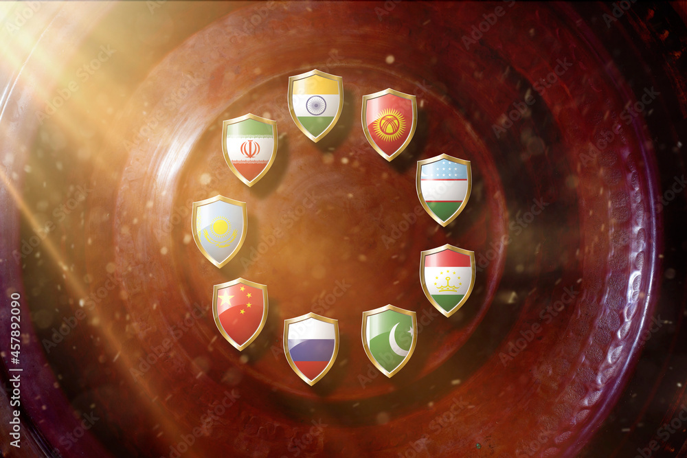 Shanghai Cooperation Organization (SCO) countries flags in golden ...