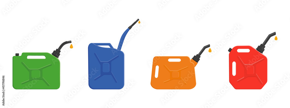Gasoline jerrycans with leaking petrol drops. Set of gas canisters ...