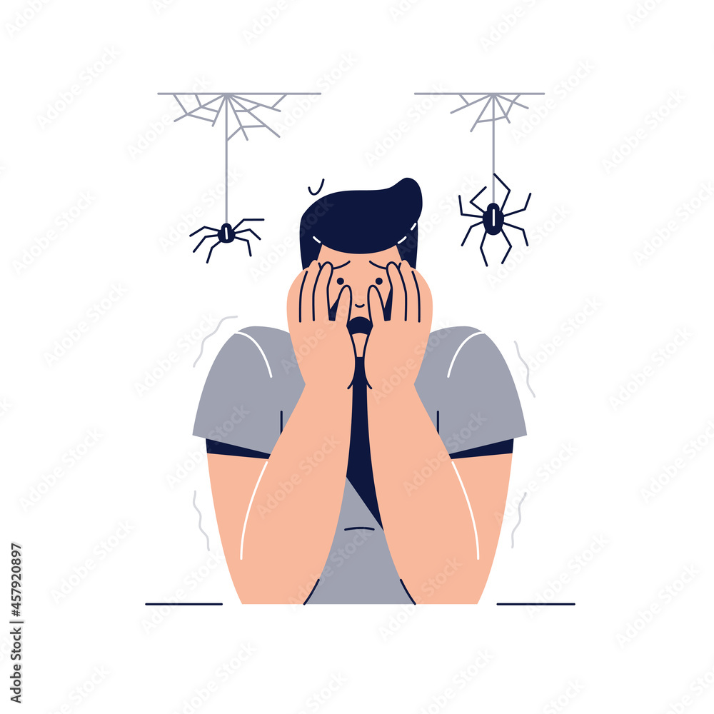 Arachnophobia, Fear of Spiders concept. Scared Frightened Man Character ...