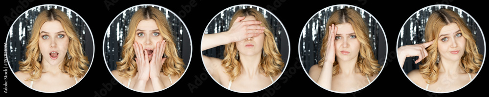 Christmas collage. Female portrait. Human expression. Party photo ...