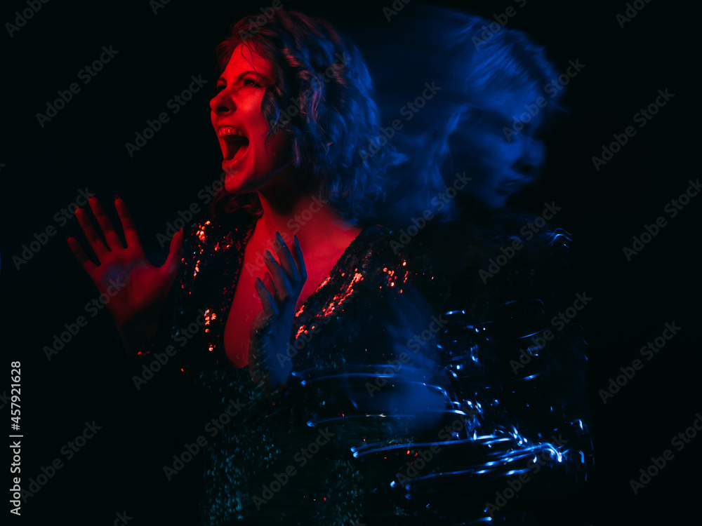 Aggressive woman. Face expression. Bipolar disorder. Split personality ...