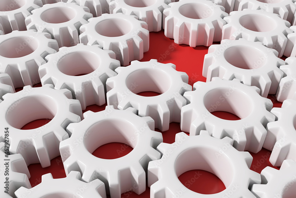 Many white connecting gear cogs working together isolated on red ...
