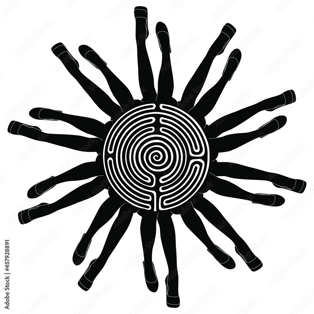 Round spiral maze or labyrinth symbol with many female legs in fancy ...