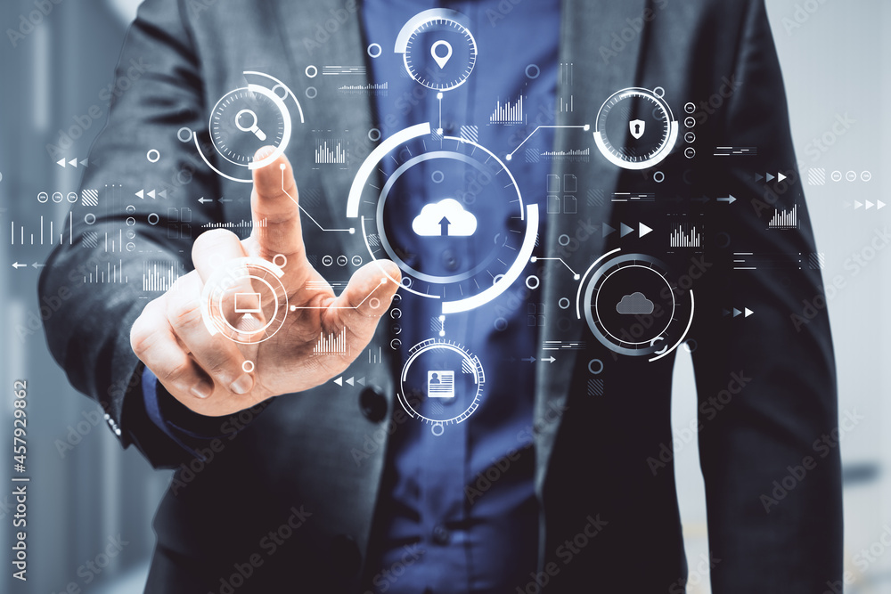 Man hand pointing at abstract business interface on blurry background ...