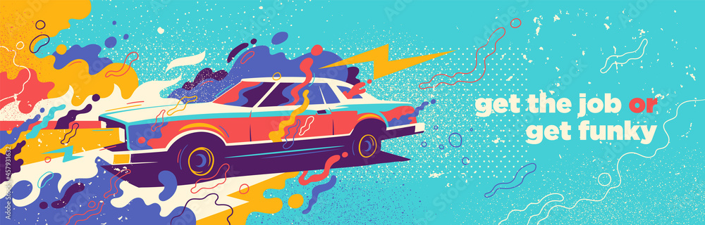 Abstract funky style graffiti design with retro car, splashes and ...