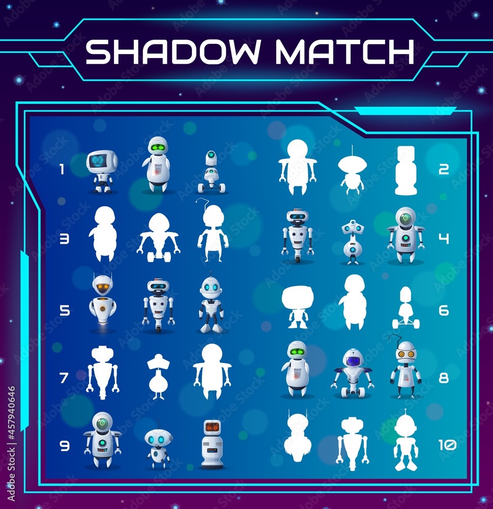 Cartoon robots, kids education shadow match game. Find correct cyborg ...