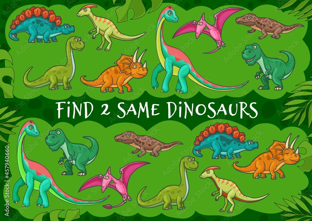Cartoon dinosaurs, find two same dino, kids riddle game or tabletop ...