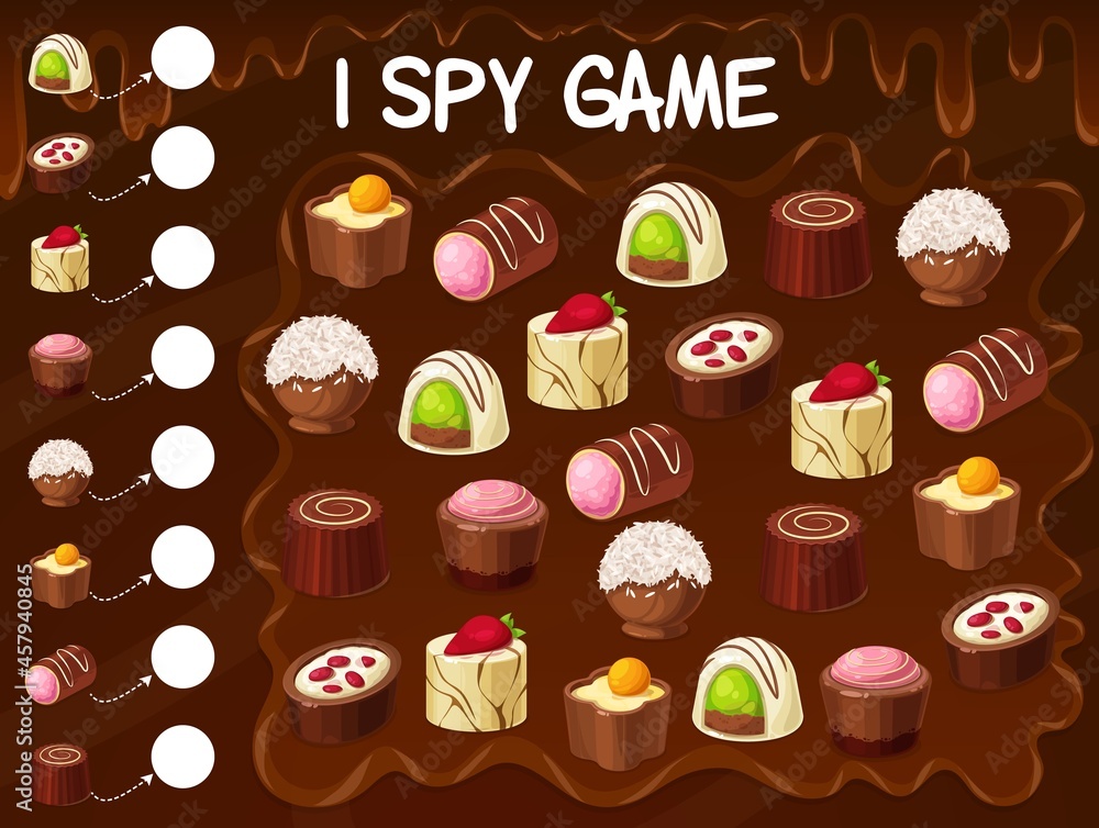 Chocolate truffle, roasted nuts candy, praline sweets kids spy game ...